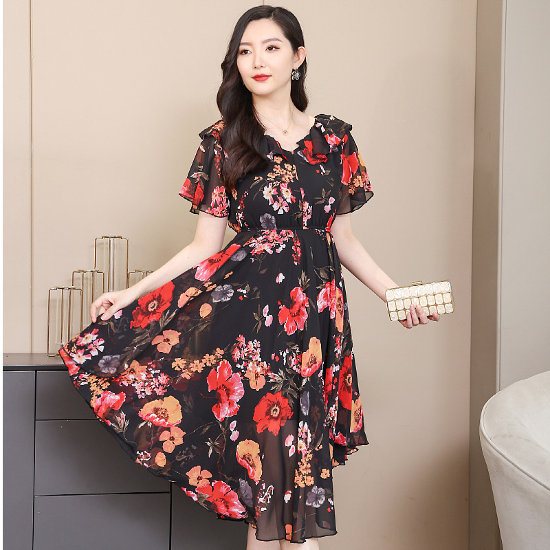 Plus Size Chinese Floral Chiffon Dress – Pluspreorder