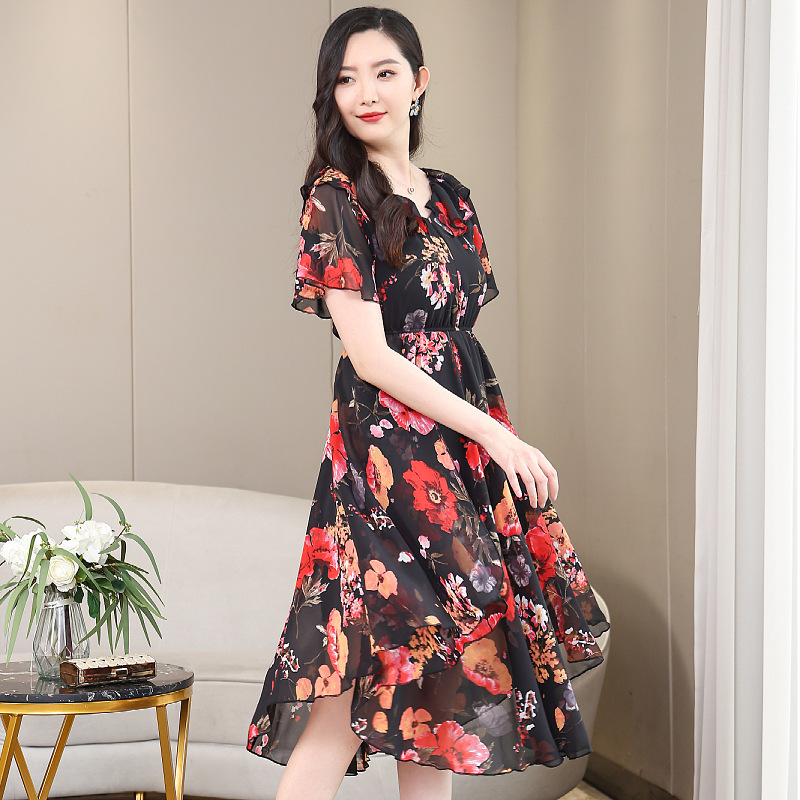 Plus Size Chinese Floral Chiffon Dress – Pluspreorder