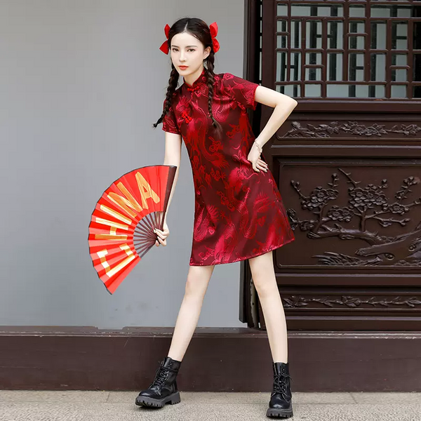 Plus Size Dragon Sheen Red Qipao A Line Dress – Pluspreorder