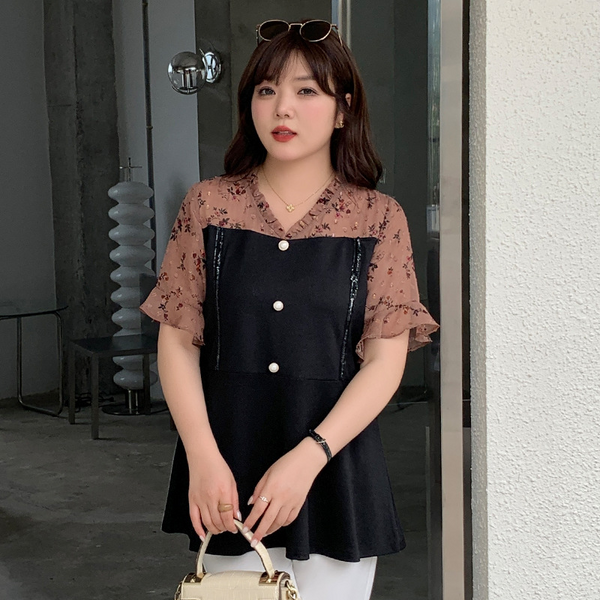 Plus Size Khaki Floral Buttons Peplum Shirt Blouse Extra Big Size