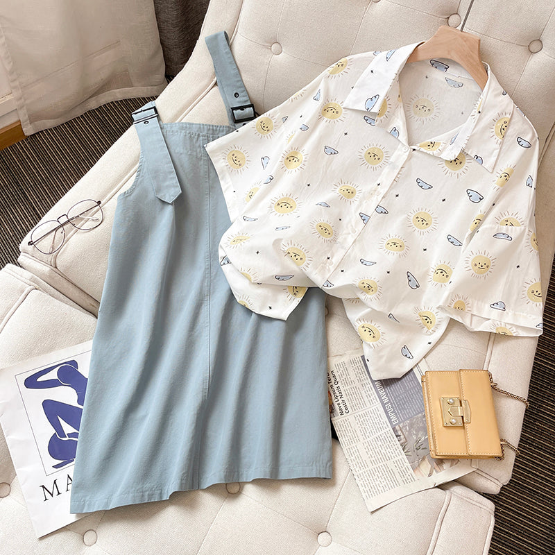Plus Size Korean Hearts Shirt Blouse and Dungaree Dress Set – Pluspreorder