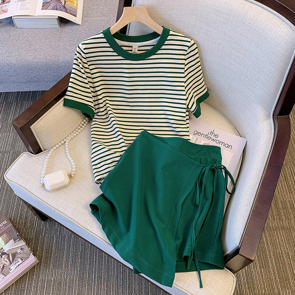 Plus Size Korean Stripe T Shirt And Skorts Set Pluspreorder