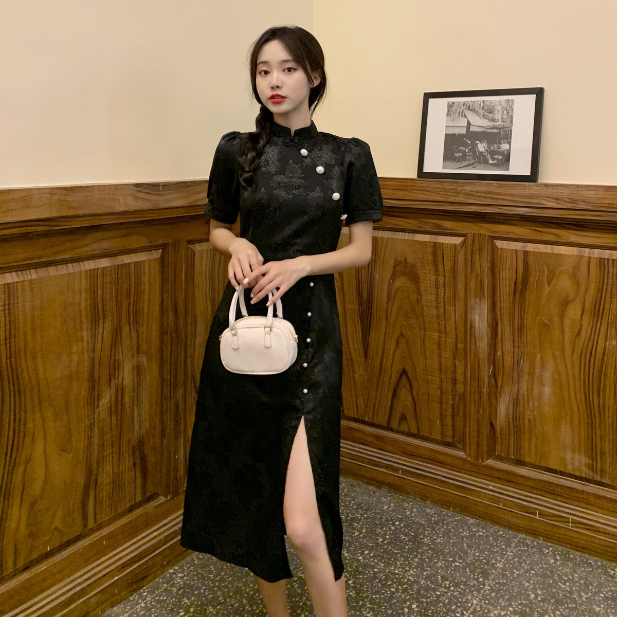 Plus Size Korean Black Slit Midi Cheongsam Dress – Pluspreorder