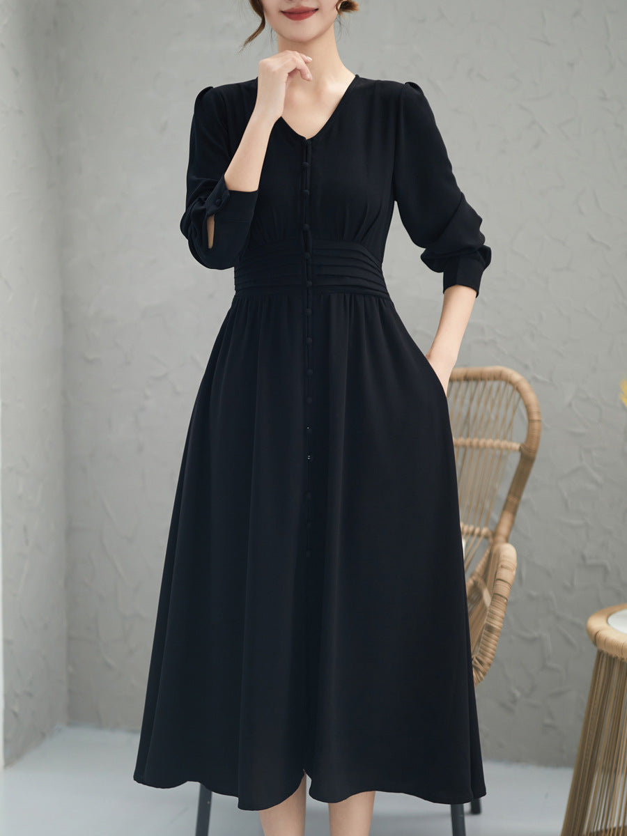 Plus Size Korean Black Buttons Midi Dress – Pluspreorder