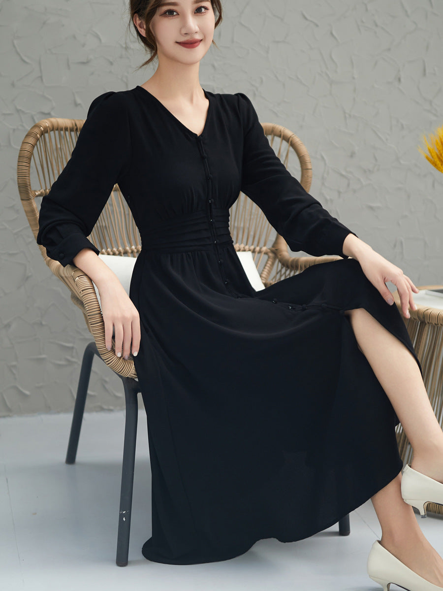Plus Size Korean Black Buttons Midi Dress – Pluspreorder
