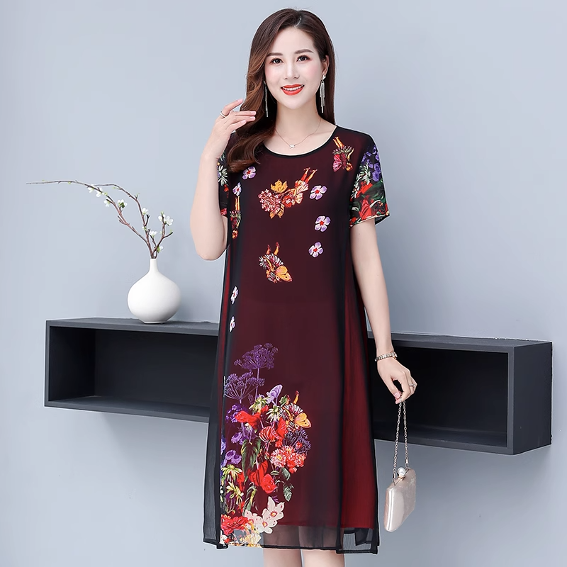 Plus Size Oriental Chinese Floral Short Sleeve Chiffon Dress (Extra Bi ...