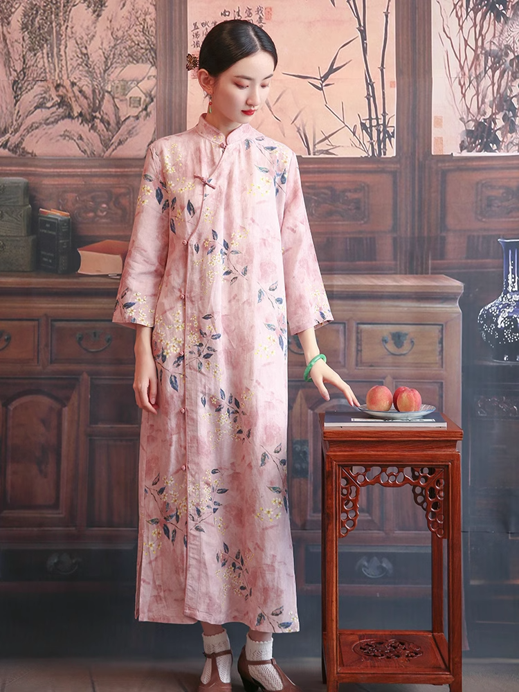 Plus Size Pink Chinese Oriental Cheongsam Long Sleeve Dress – Pluspreorder