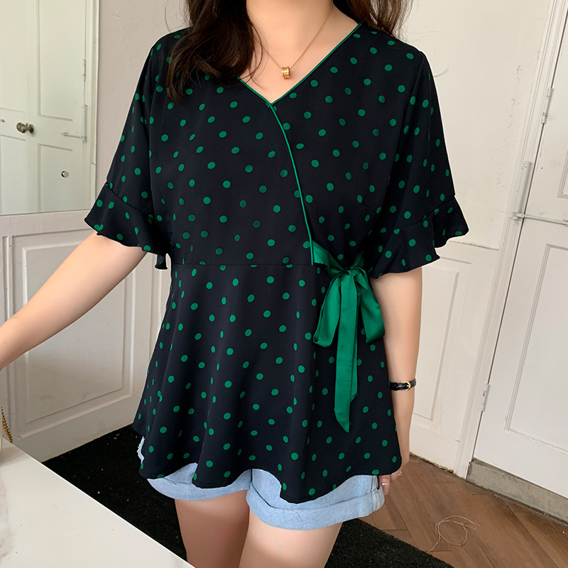 Plus Size Polka Dots Wrap Green Blouse (EXTRA BIG SIZE) – Pluspreorder