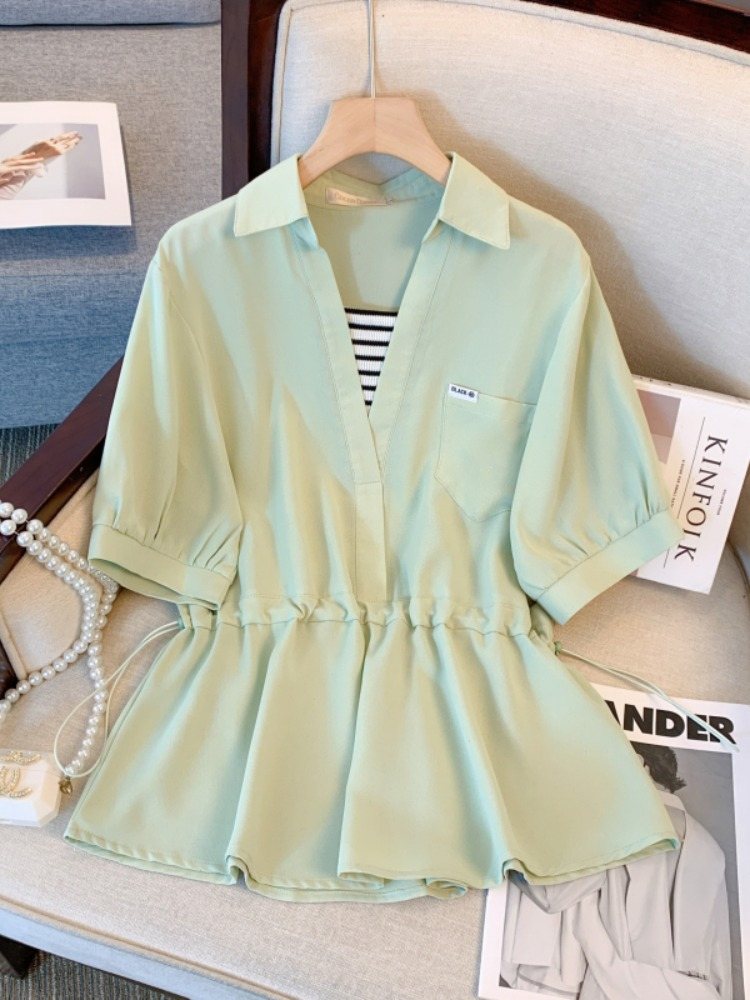 Plus Size Stripe Inner Mock 2 Piece Peplum Shirt Blouse – Pluspreorder