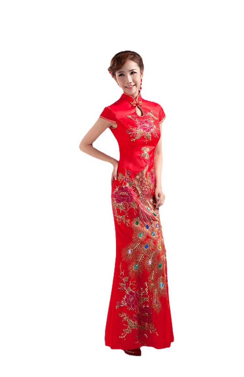 (S-5Xl) Plus Size Red Gold Embroidery Cheongsam Gown For Wedding Or Ev ...