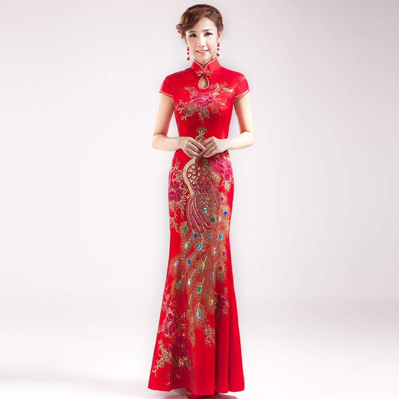 (S-5Xl) Plus Size Red Gold Embroidery Cheongsam Gown For Wedding Or Ev ...